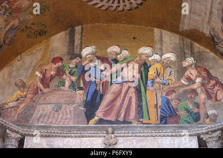 Stealing Saint Mark's body mosaic above facade door St. Mark's Basilica ...