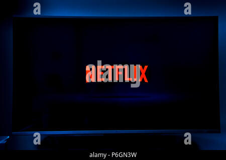 Netflix logo on TV screen. Netflix is a well known global provider of ...