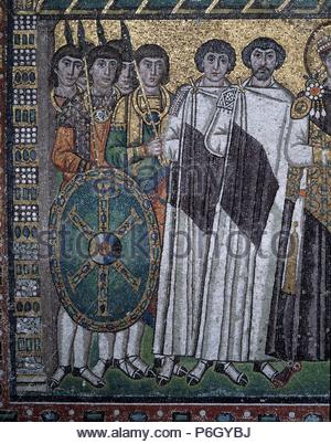 Justinian and his entourage', Mosaic Church of San Vitale in Ravenna ...
