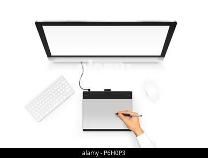 Top view of computer tablet with stylus, smart watch, phone and ...