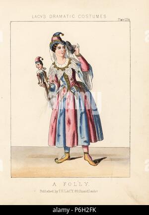 Woman in costume as a Marotte (jester's stick) for a masquerade ball ...