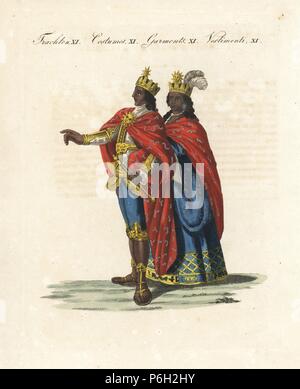 A man dressed in clothes Inca walks in front of the facade of the ...