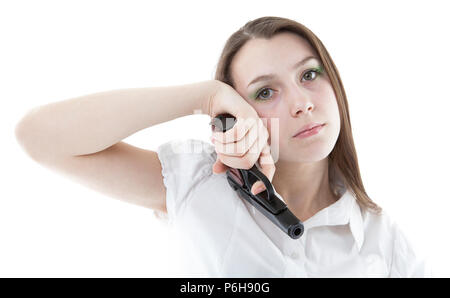 portrait of a girl with pistol Makarov on a white background Stock ...