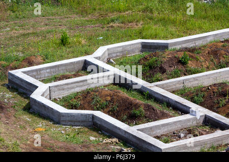 Foundation trench filled with concrete for a building extension on a ...