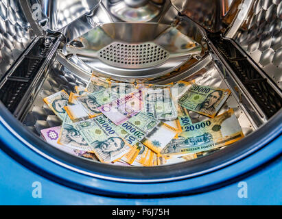 Money laundering symbol, hungarian forint banknotes in washing machine ...