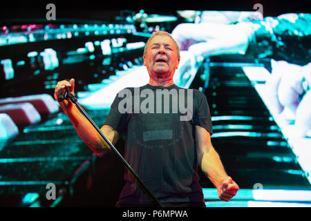 Deep Purple vocalist Ian Gillan is shown performing on stage during a ...