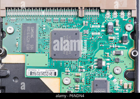 Macro shot of the back side of a circuit board. Close up of a printed ...