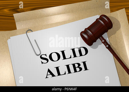 3D illustration of SOLID ALIBI title on the ground in a police arena ...
