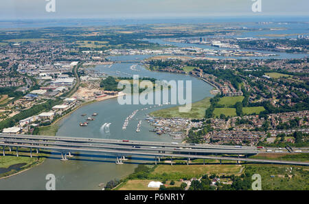 Aerial view of River Medway, and M2/HS1 bridge, Rochester, Kent, South ...