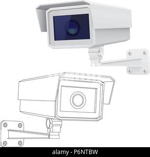 Security CCTV camera. Outline drawing, black silhouette and 3d model ...