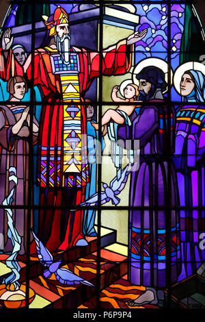 Stained glass window of Saint Raphael the archangel in the cloisters of ...