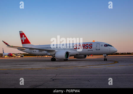 Pula, Croatia - June 30, 2018: Swiss Airlines Bombardier CS300 parking ...