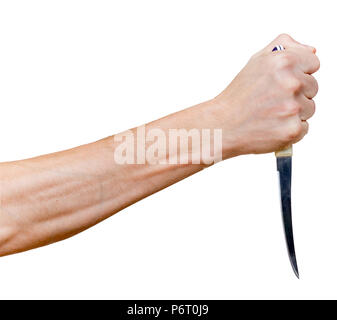 Man's hand with knife in fist. Aggression, crime or self-defence ...