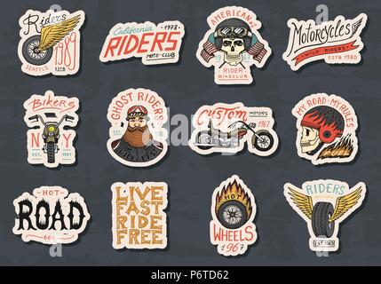 Biker club stickers templates. Vintage custom Motorcycle and skull ...