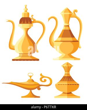 A gold magic oil lamp isolated on white background. Vector cartoon close-up illustration Stock ...