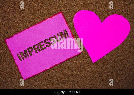 Handwriting text Impressum. Concept meaning Impressed Engraved Imprint ...