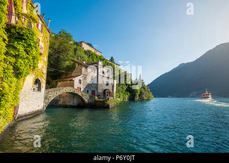 Nesso, lake Como, Como province, Italy. Lake shore and the roman stone ...
