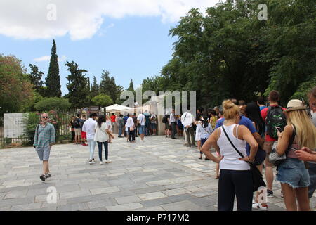crowds of tourists queue at the acropolis parthenon in athens greece ...