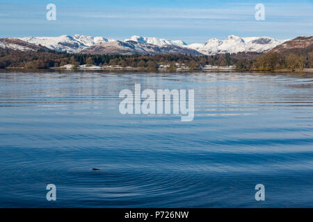 Looking towards the north end of Windermere, with rugged snow covered ...