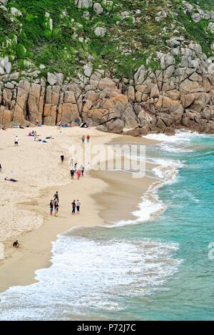 Elevated view of Porthcurno beach on a summers day Cornwall England UK ...