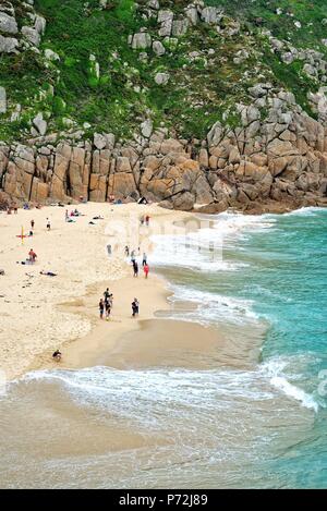 Elevated view of Porthcurno beach on a summers day Cornwall England UK ...