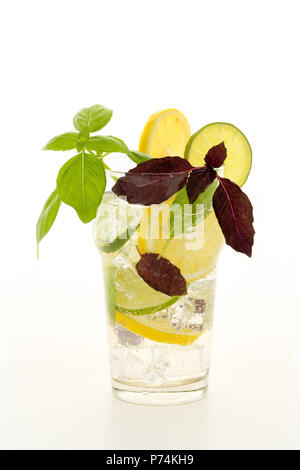 Sprig of fresh green basil leaves with dried hot spicy cayenne chili ...