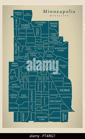 Modern City Map - Minneapolis Minnesota city of the USA with ...