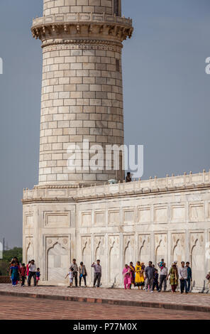 White marble bricks of Taj Mahal minaret towers, close up ivory white ...