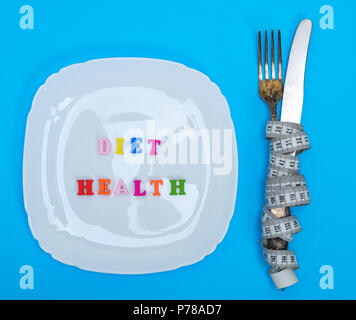White plate with a knife and fork with measuring tape on white ...