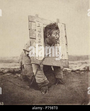 A man in a cangue in Shanghai, circa 1890. A cangue or tcha is a device ...