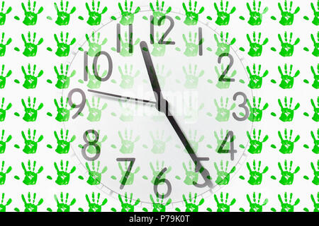an image of a clock on handprint background Stock Photo - Alamy