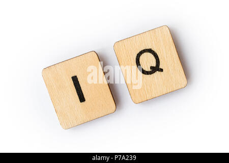 The abbreviation IQ - Intelligence Quotient, spelt with wooden letter ...