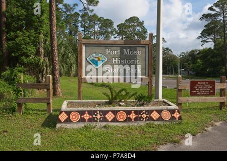Entrance sign for Fort Mose Historic State Park in St. Augustine ...