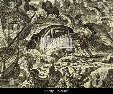Jonah and the whale. Engraving of the Biblical prophet Jonah being ...