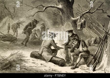 Continental soldiers at winter camp in Valley Forge, Revolutionary War ...
