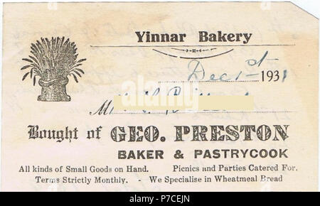 1931 Yinnar Bakery Invoice Stock Photo - Alamy