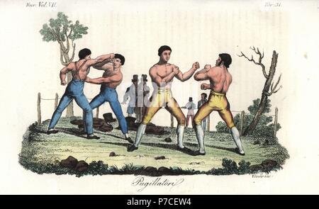 English bare-knuckle boxers prize-fighting in a field, 18th century ...