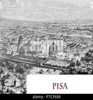 Vintage engraving of Pisa cathedral with the leaning tower, dedicated ...