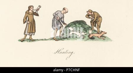 Men unearthing a fox with shovel, hunting dog and horn, 14th century ...