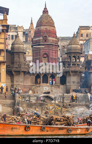 India, Varanasi, Manikarnika Ghat, the main burning ghat. Place of ...