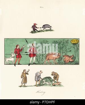 Man spearing a boar, 14th century. Handcoloured lithograph by Joseph ...