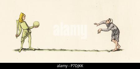 Club-ball, early 14th century. Two men playing Medieval sport in Stock ...