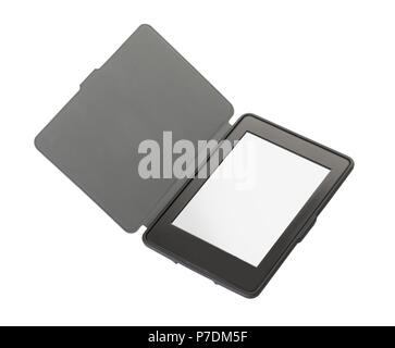 Gray e-reader electronic book in male hands. A man in a blue t-shirt ...