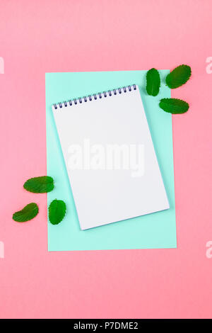 An empty notebook with a blue handle and mint leaves on a blue and pink ...
