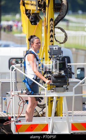 Professional female cherry-picker at work. Harvest at cherry plantation ...