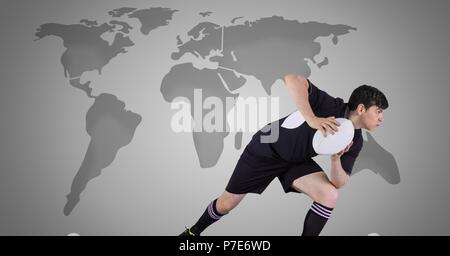 Rugby player with world map Stock Photo - Alamy