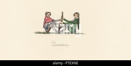 Quintain exercises, 14th century. A man attempts to unseat another man ...