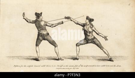 Gentlemen fencers in position for the outside-guard called Tierce and ...