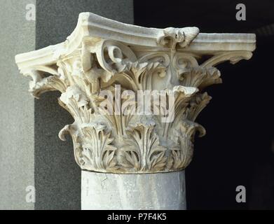 Corinthian order capital with acanthus leaves and scrolls, monument of ...