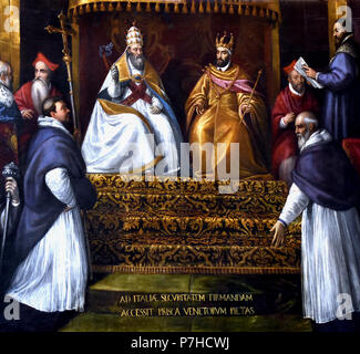 Peace of Bologna 1529.- Pope Clement VII and emperor Charles V. Paintng ...